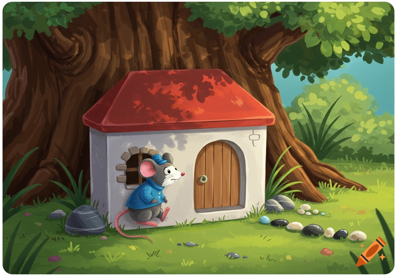 Cartoon mouse outside a tiny house under a big tree on Craiyon
