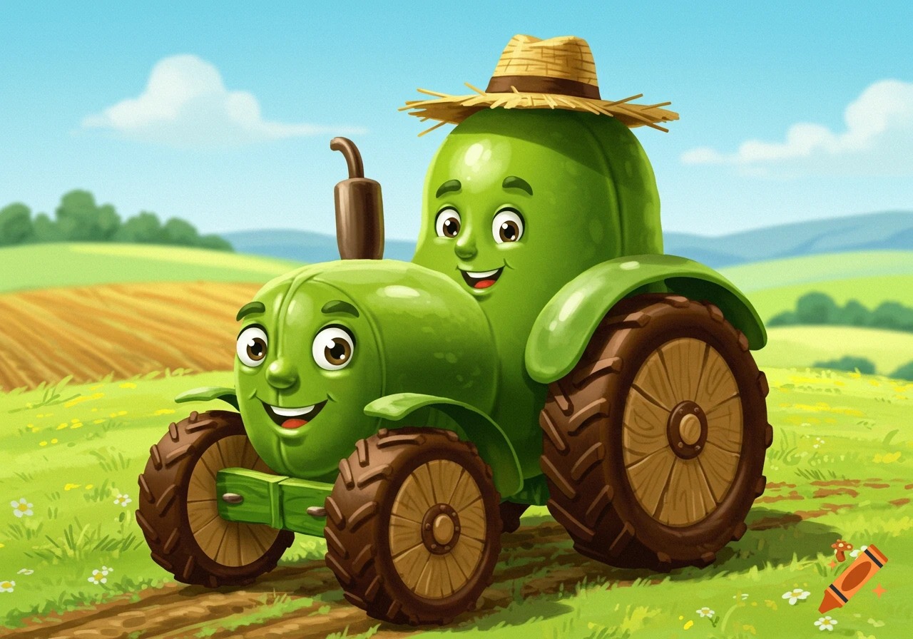 Two cartoon bean characters on a tractor in a field. on Craiyon