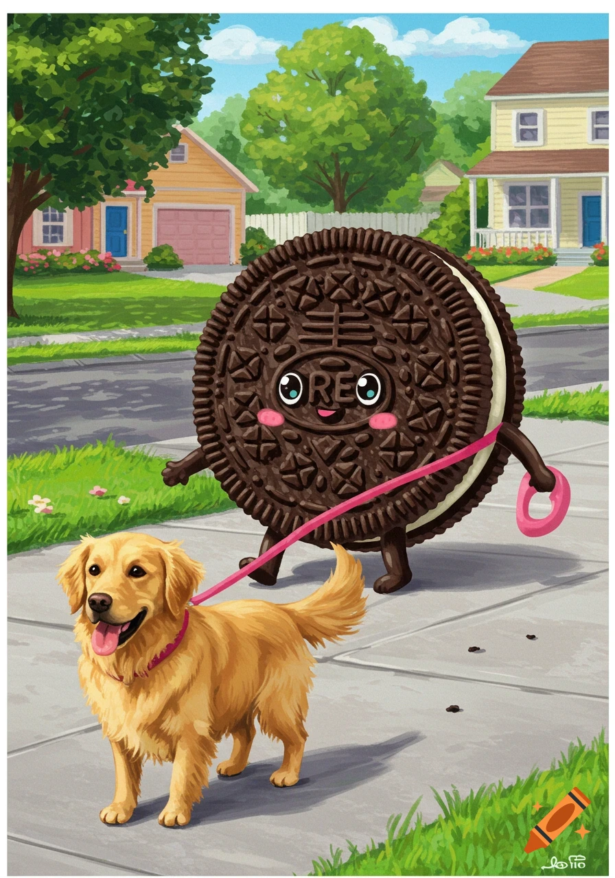 Cartoon Oreo cookie character walking a Golden Retriever dog on a leash ...