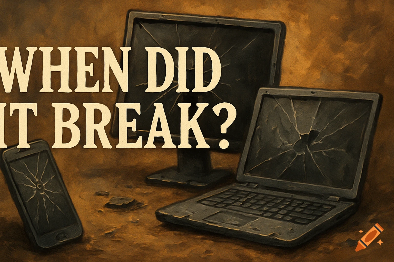 Broken phone, computer monitor, and laptop with text 'WHEN DID IT BREAK?' on Craiyon