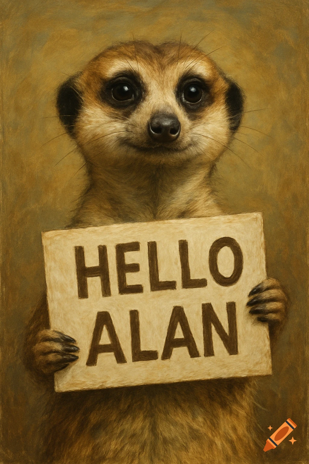 A meerkat holds a sign that says 'HELLO ALAN' in a painterly style. on ...