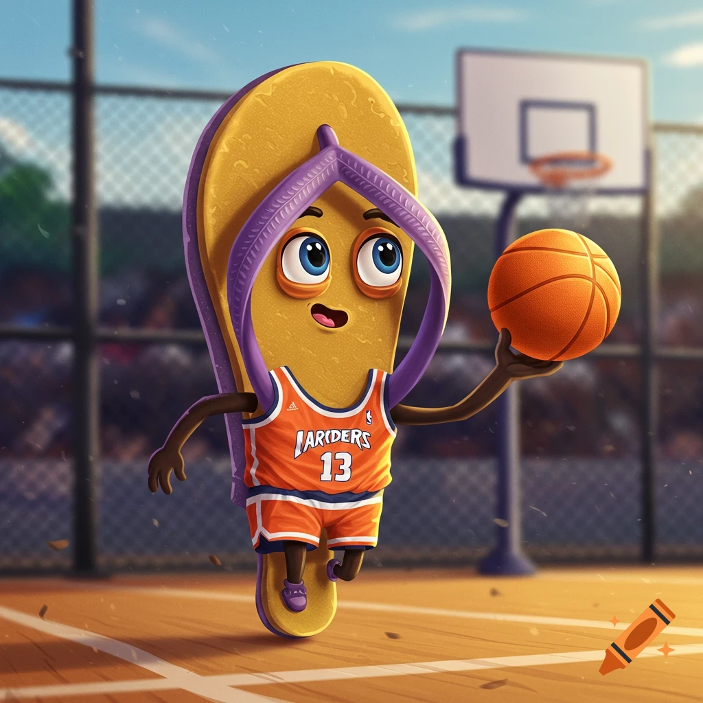 Cartoon flip flop character in basketball jersey playing basketball on ...