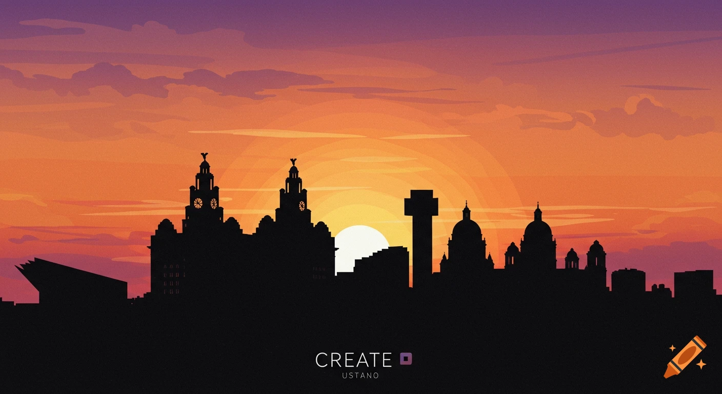 Silhouette of the Liverpool city skyline against a vibrant sunset sky ...