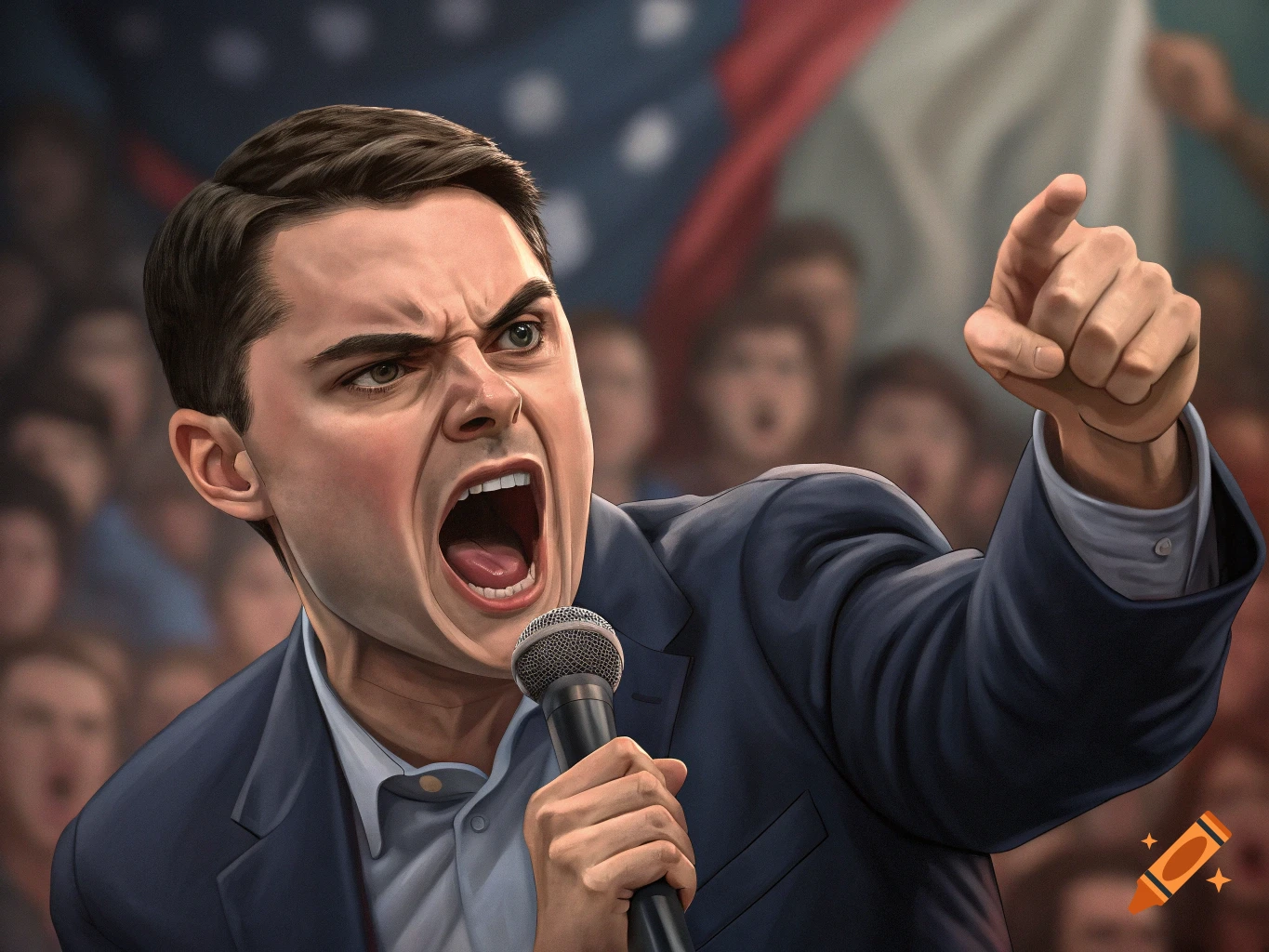 Illustration of Ben Shapiro yelling into a microphone at a rally. on ...