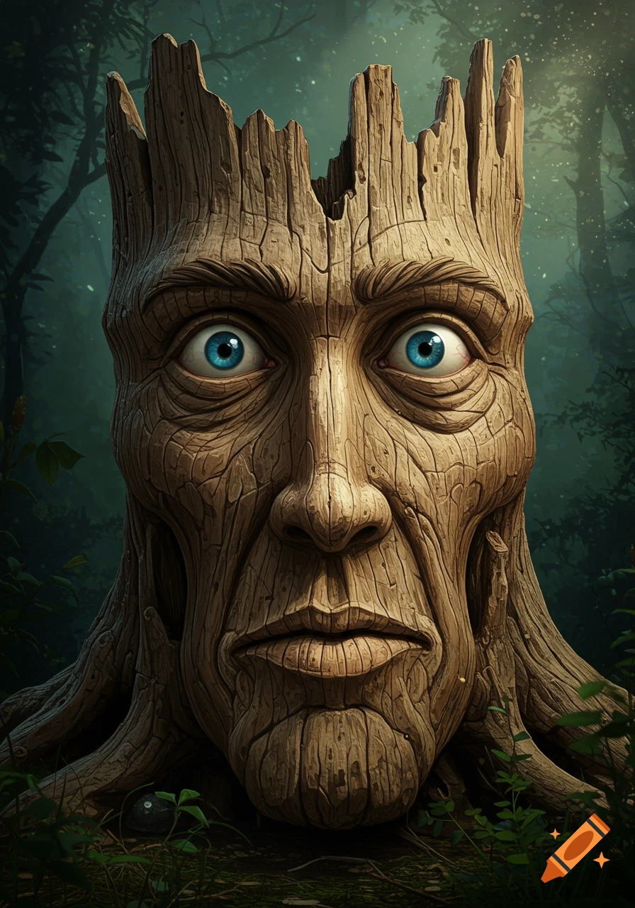 Detailed close-up of a tree stump carved with a human face and wide ...