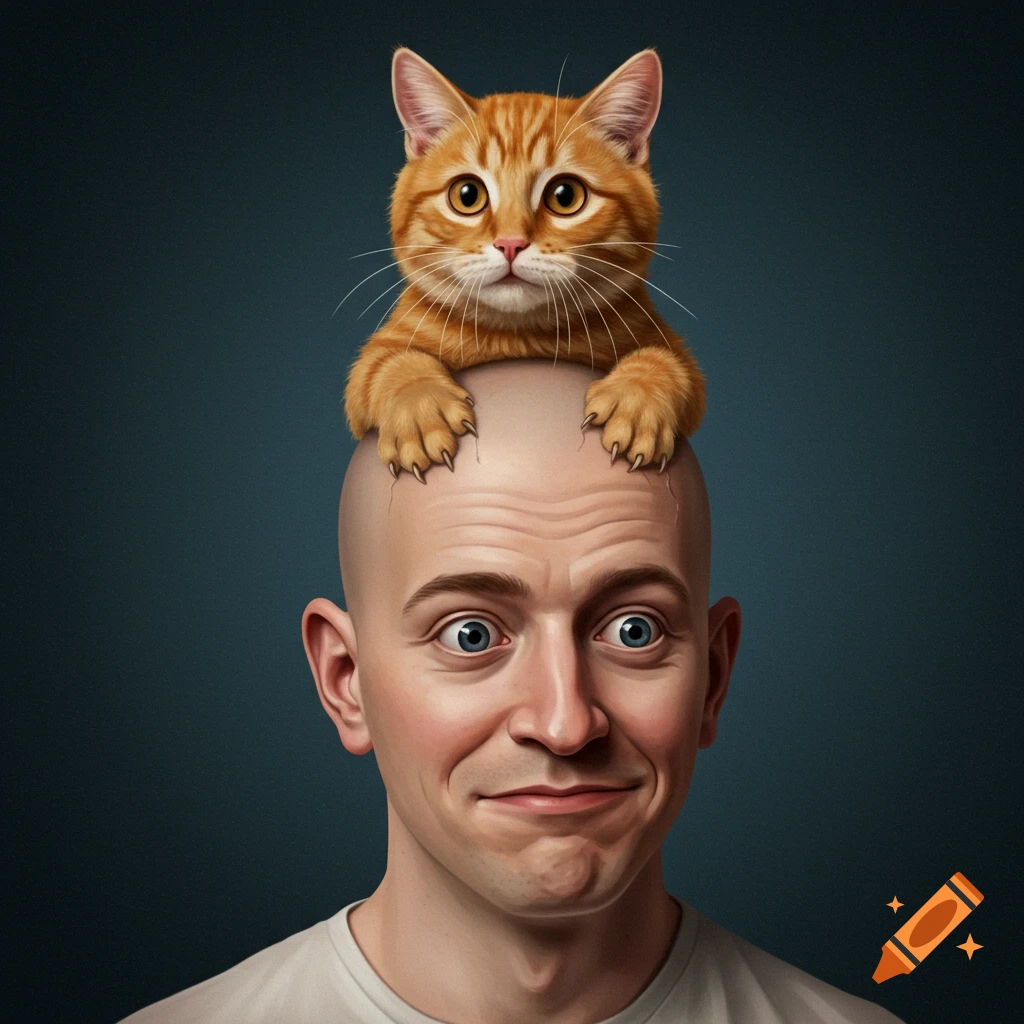 An orange cat sits on a bald man's head. Digital art. on Craiyon