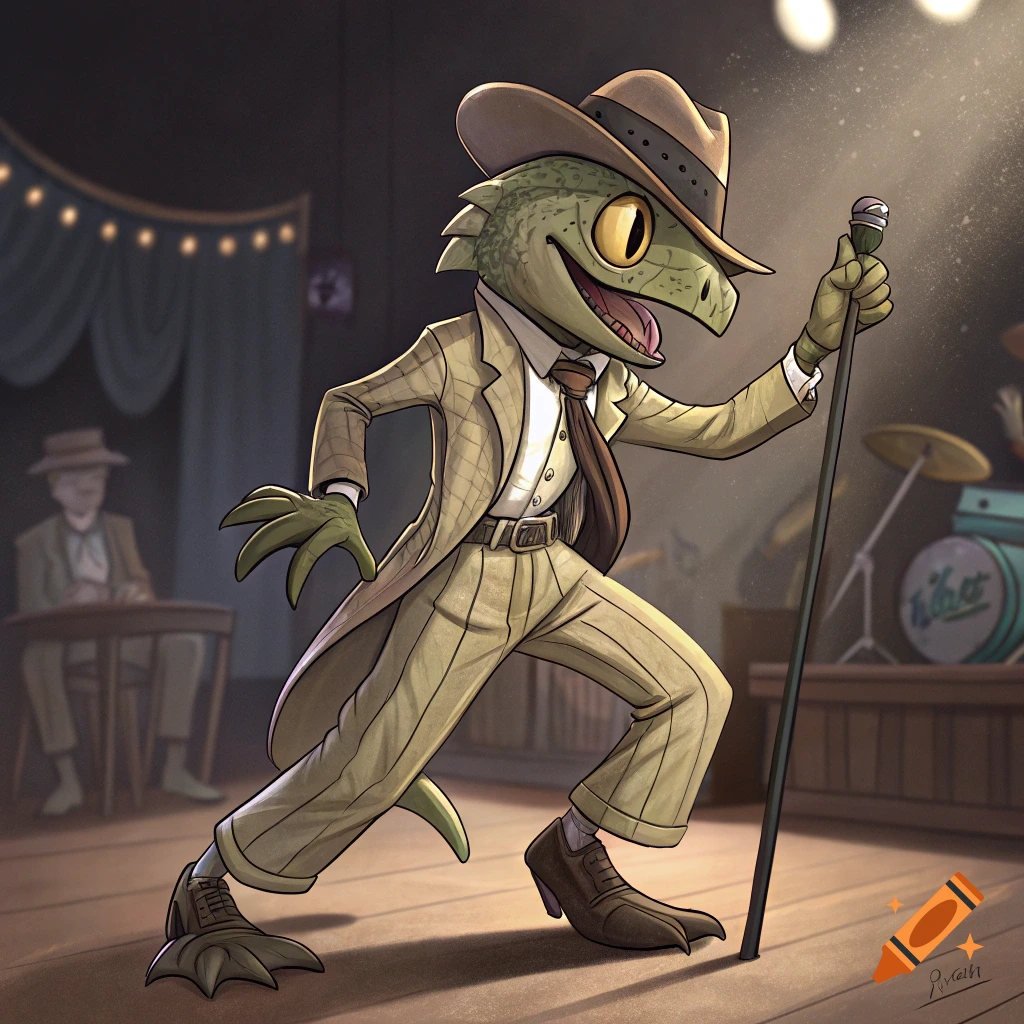 Cartoon illustration of a lizard-like creature in a suit singing on a ...