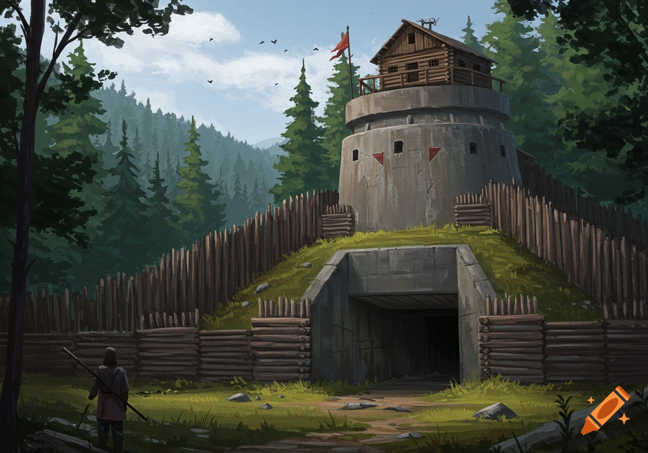 Fantasy stronghold with bunker entrance and log cabin tower in a forest ...