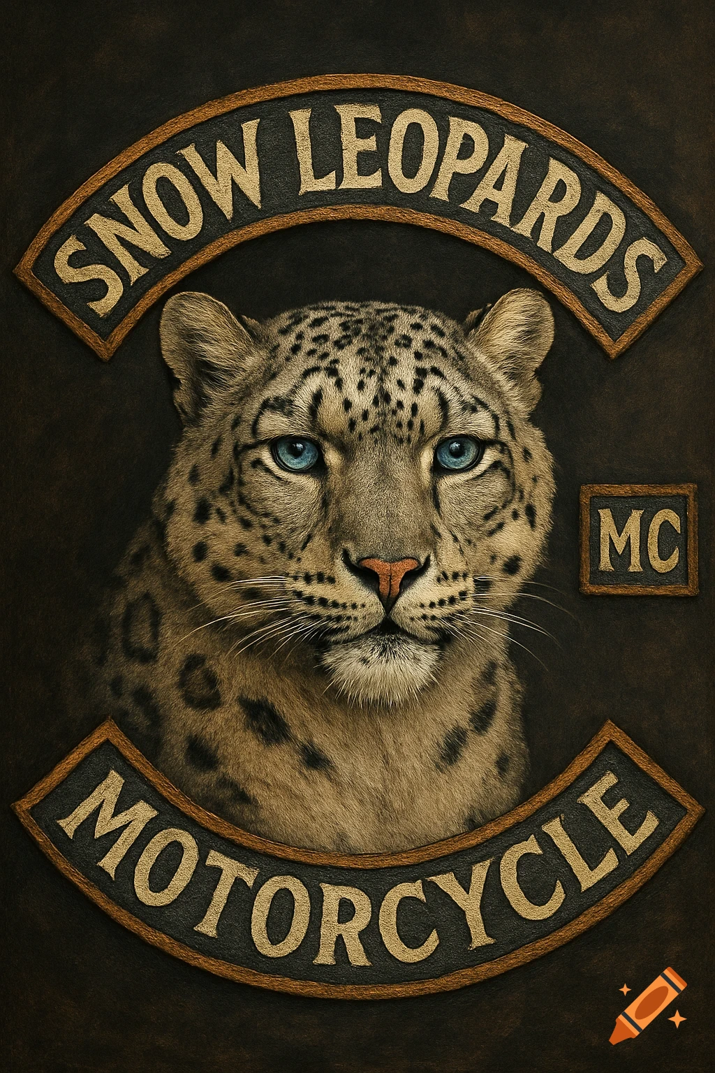 Snow leopard face on a motorcycle club patch with text. on Craiyon