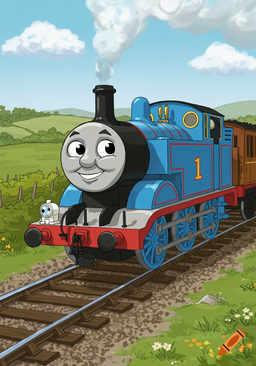 Illustration of Thomas the Tank Engine on a track, with green hills and clouds in the background ...