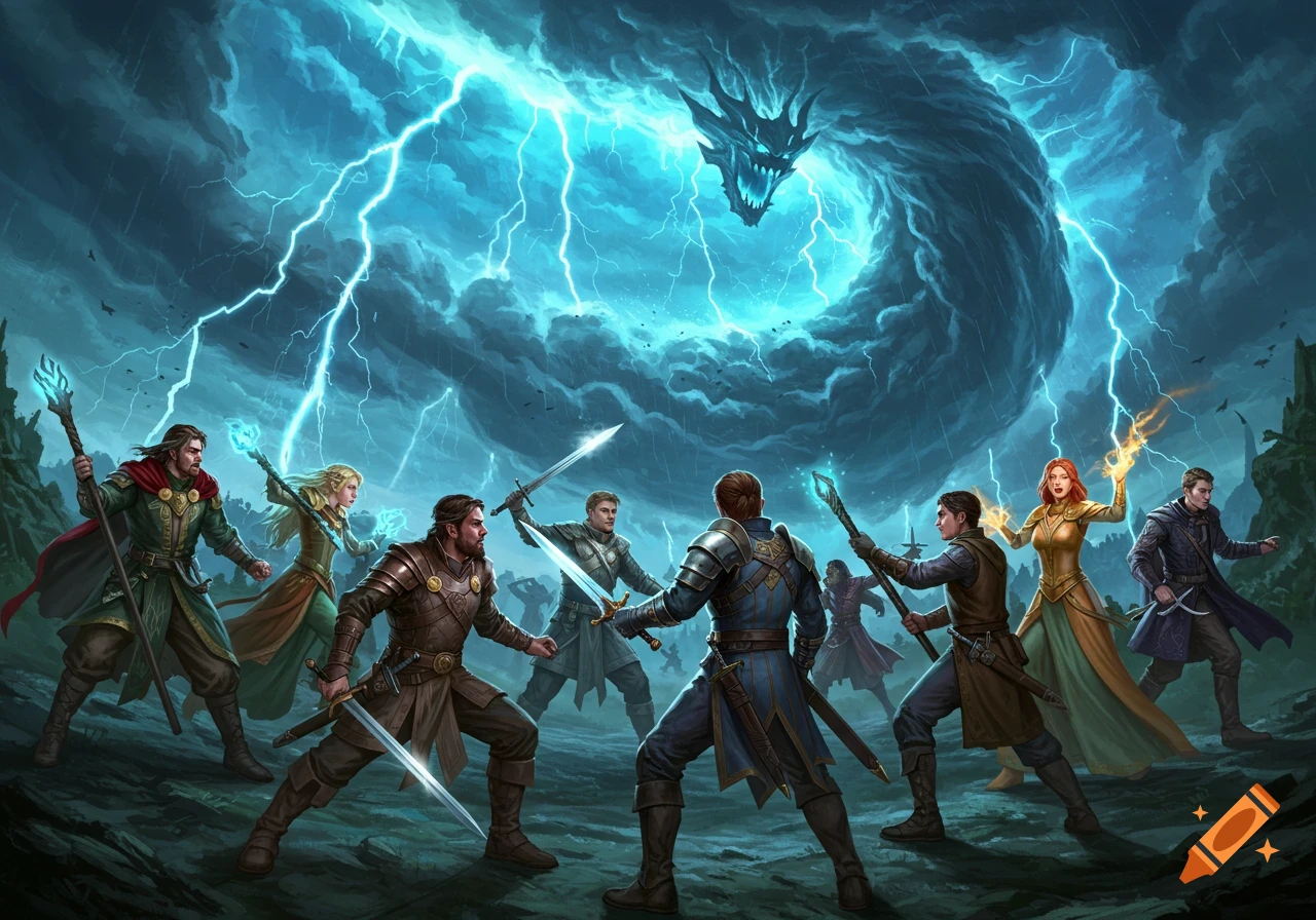 Fantasy adventurers battle a massive lightning storm creature. on Craiyon