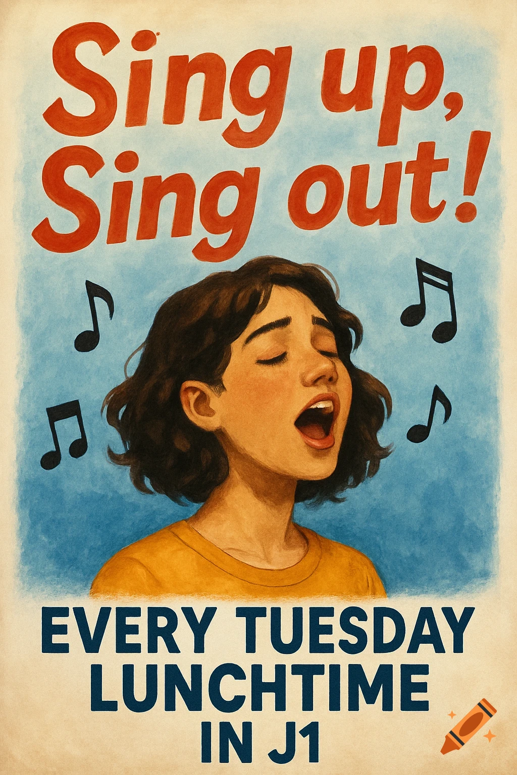 Illustrated poster for a singing club with text and a person singing on ...