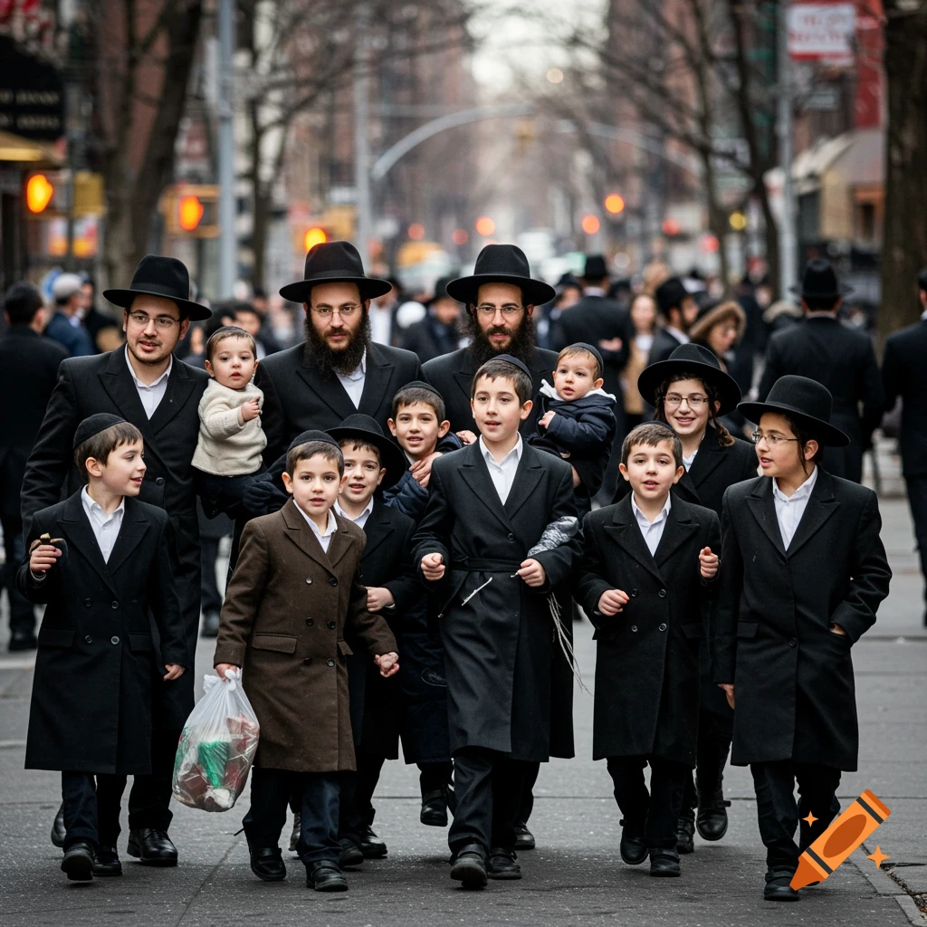 A group of Hasidic Jewish men and boys walk down a city street. on Craiyon