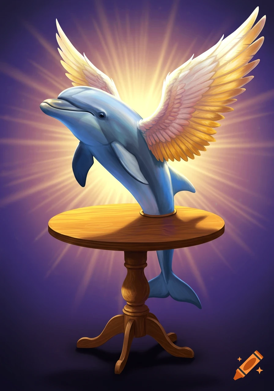 A winged dolphin emerges from a hole in a wooden table, illuminated by ...
