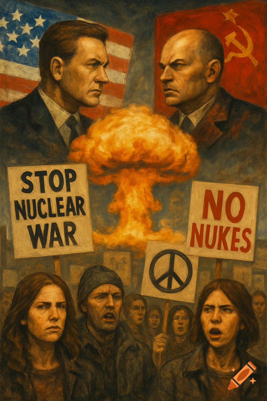Painted style image showing two leaders, US and Soviet flags, a nuclear ...