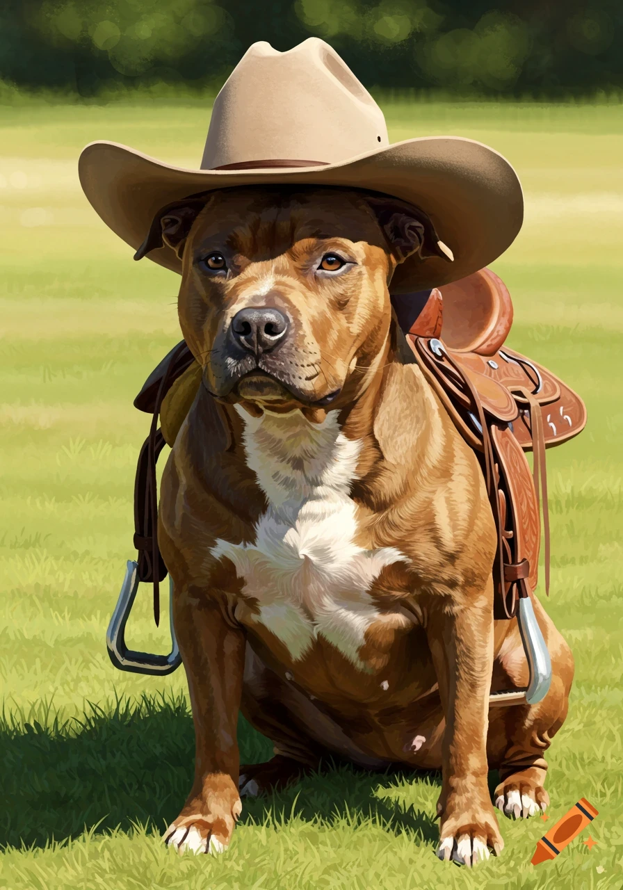 Digital painting of a pit bull dog wearing a cowboy hat and saddle ...