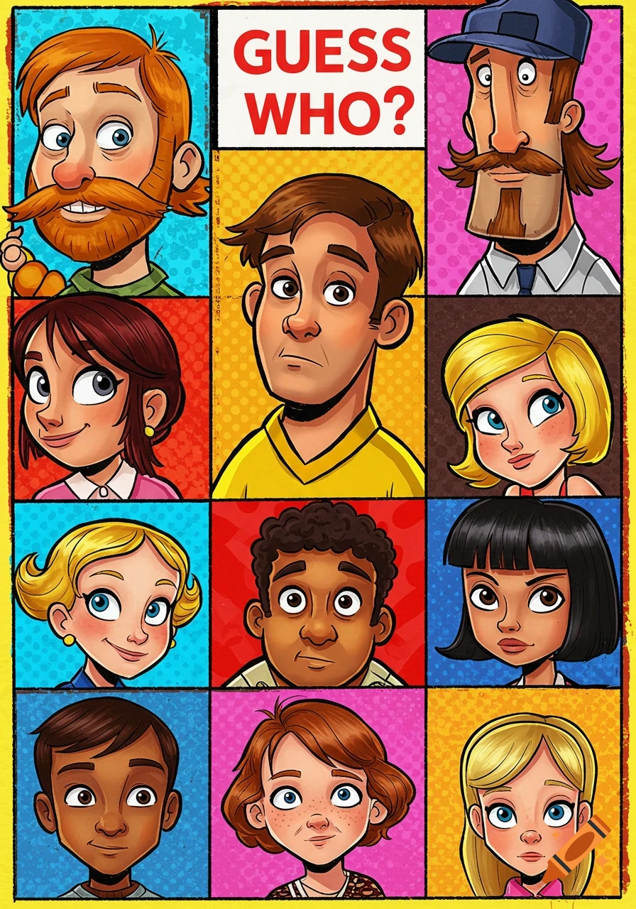 Cartoon grid of character portraits resembling the game Guess Who? with ...