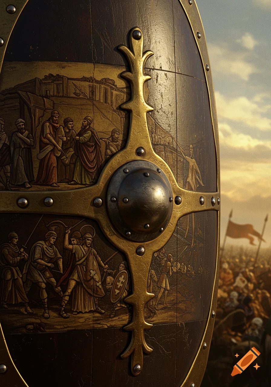 Close-up of a detailed historical buckler shield with scenes of figures ...