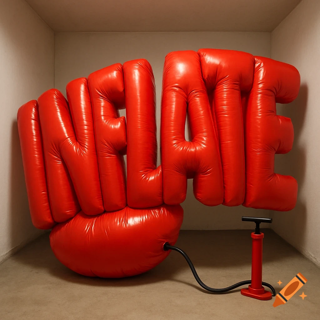 Large red inflatable word INFLATE filling a room with an air pump. on ...