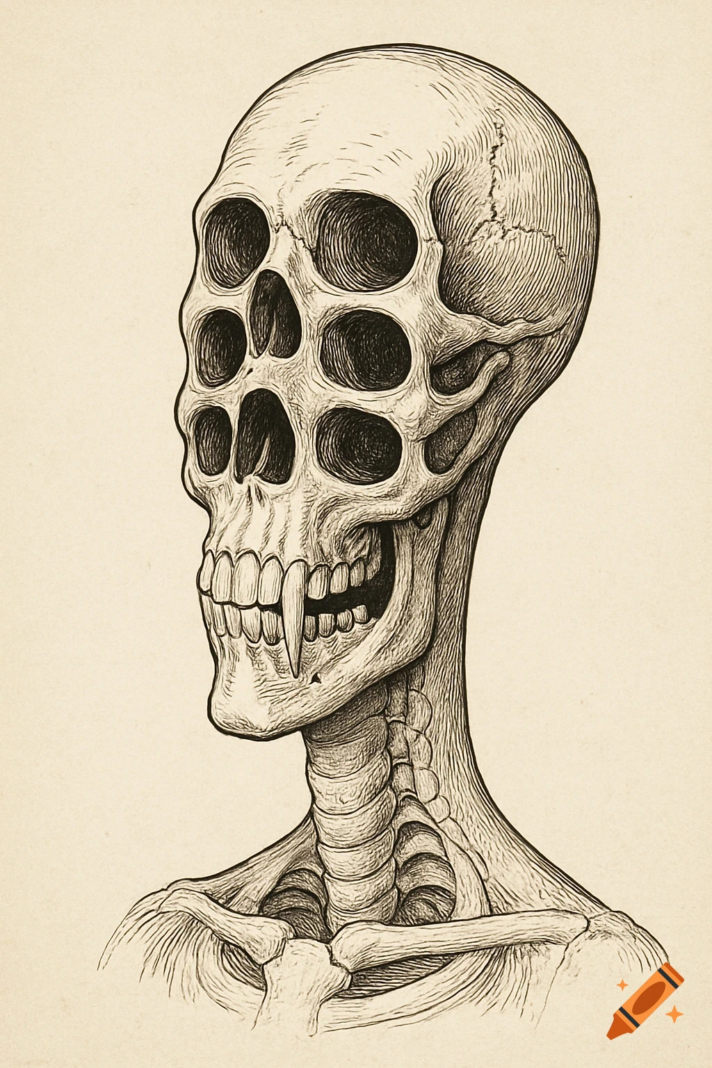 Medical illustration of a skull with multiple eye sockets and fangs ...