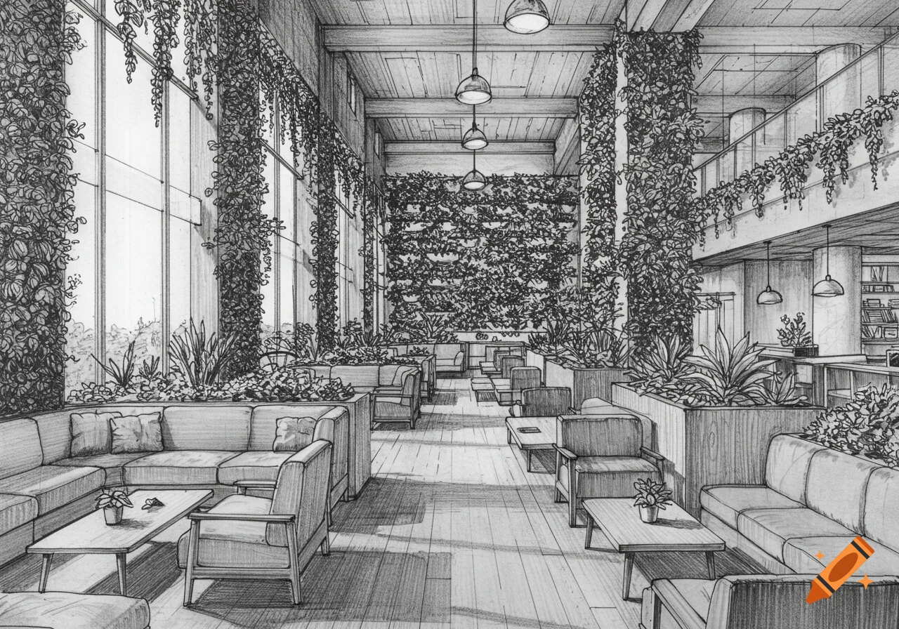 Black and white pencil sketch of a spacious lounge filled with plants ...
