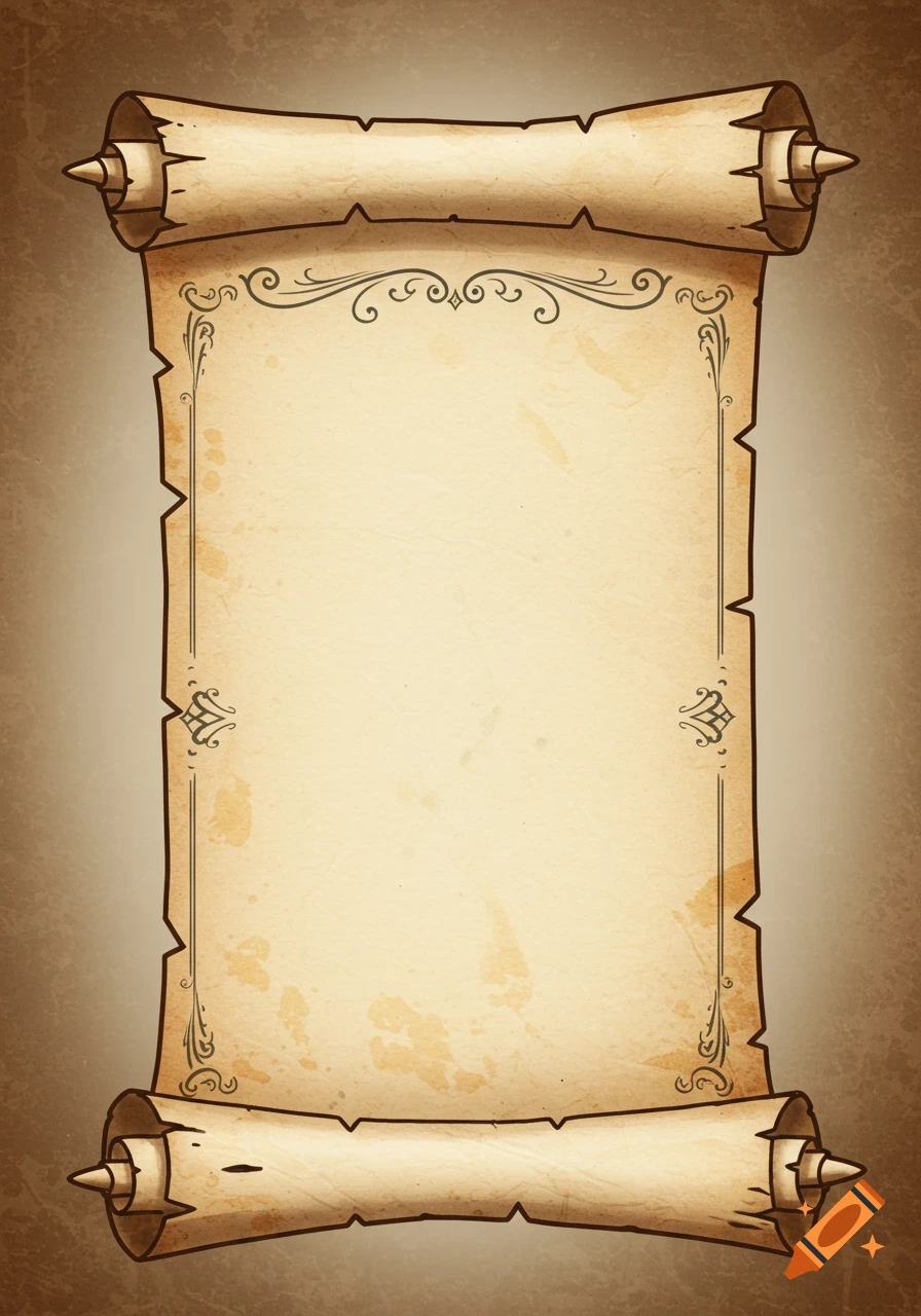 A blank, old-fashioned paper scroll with decorative borders and rolled ...