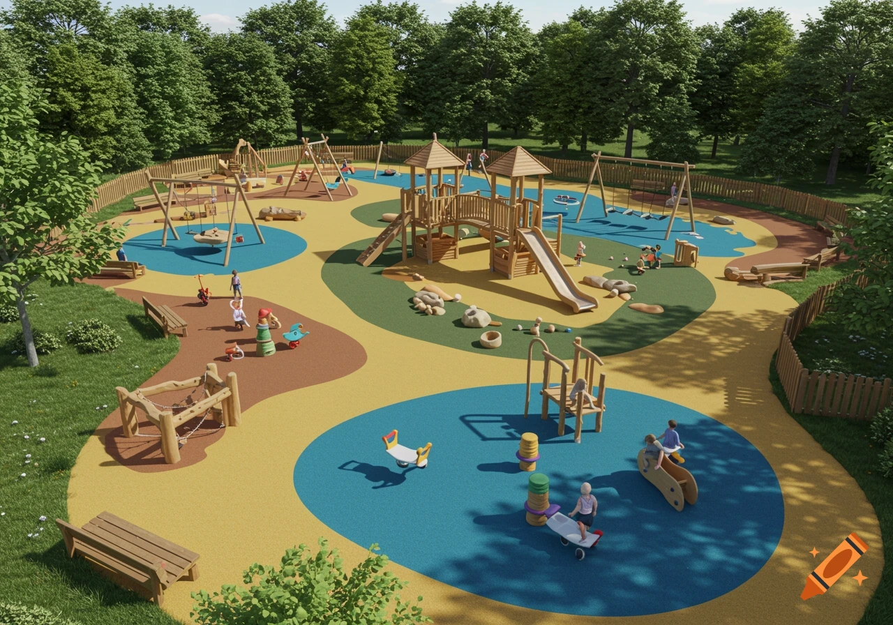 Aerial view of a colorful outdoor playground with swings, slides ...