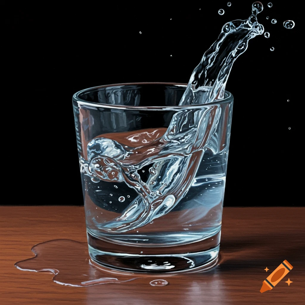 A photorealistic image of a glass of water splashing onto a table. on ...