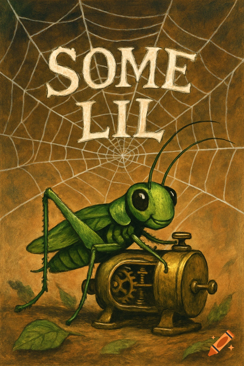 Stylized illustration of a green cricket on a golden machine under a ...