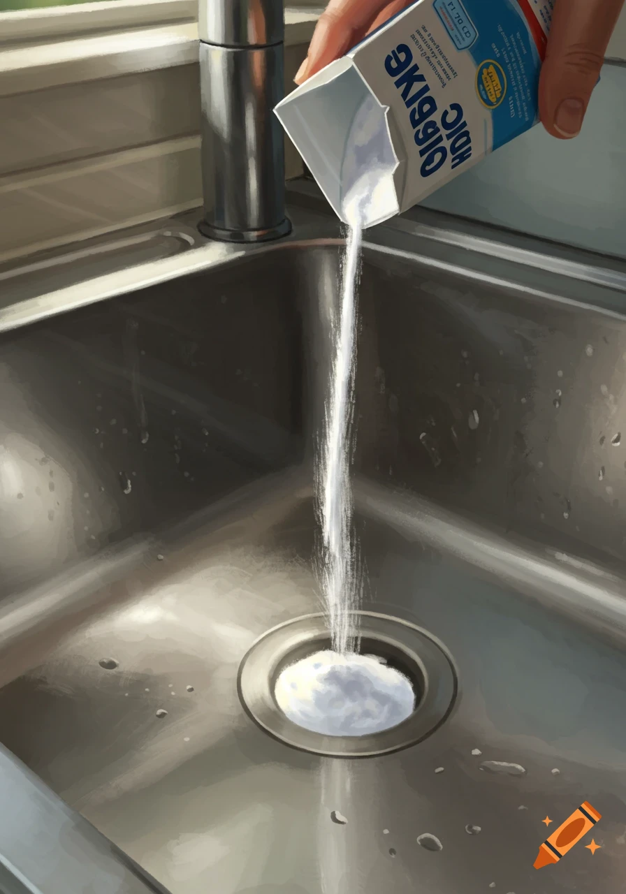 Hand pouring white powder from a box into a kitchen sink drain ...