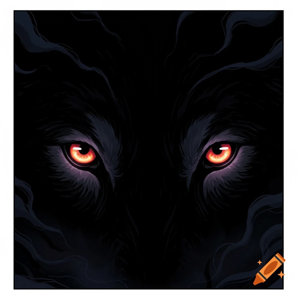 Two glowing red wolf eyes peer out from darkness in a comic book style ...
