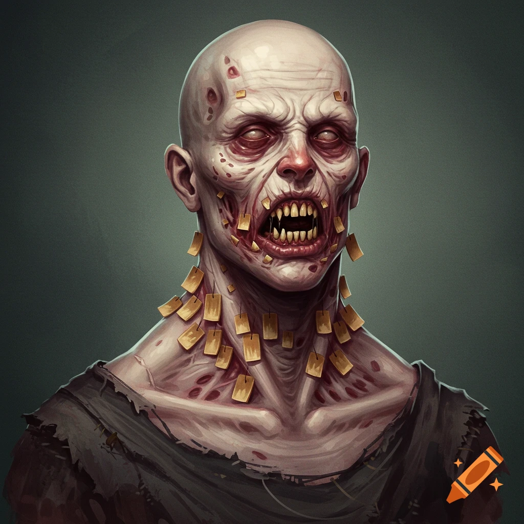 An ugly, pale, bald monster with sharp teeth and golden tags hanging ...