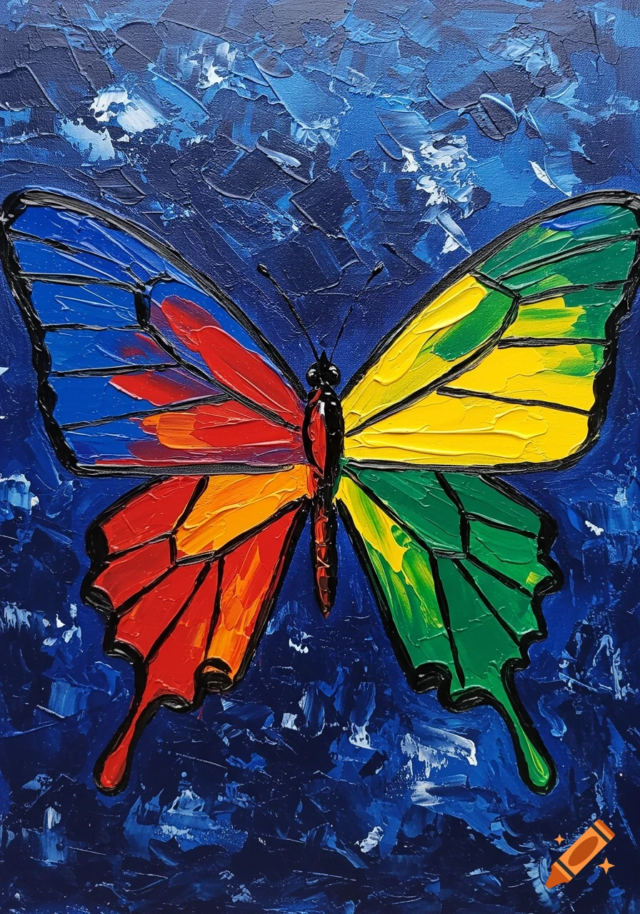 A vibrant, textured painting of a butterfly in multiple colors on a ...