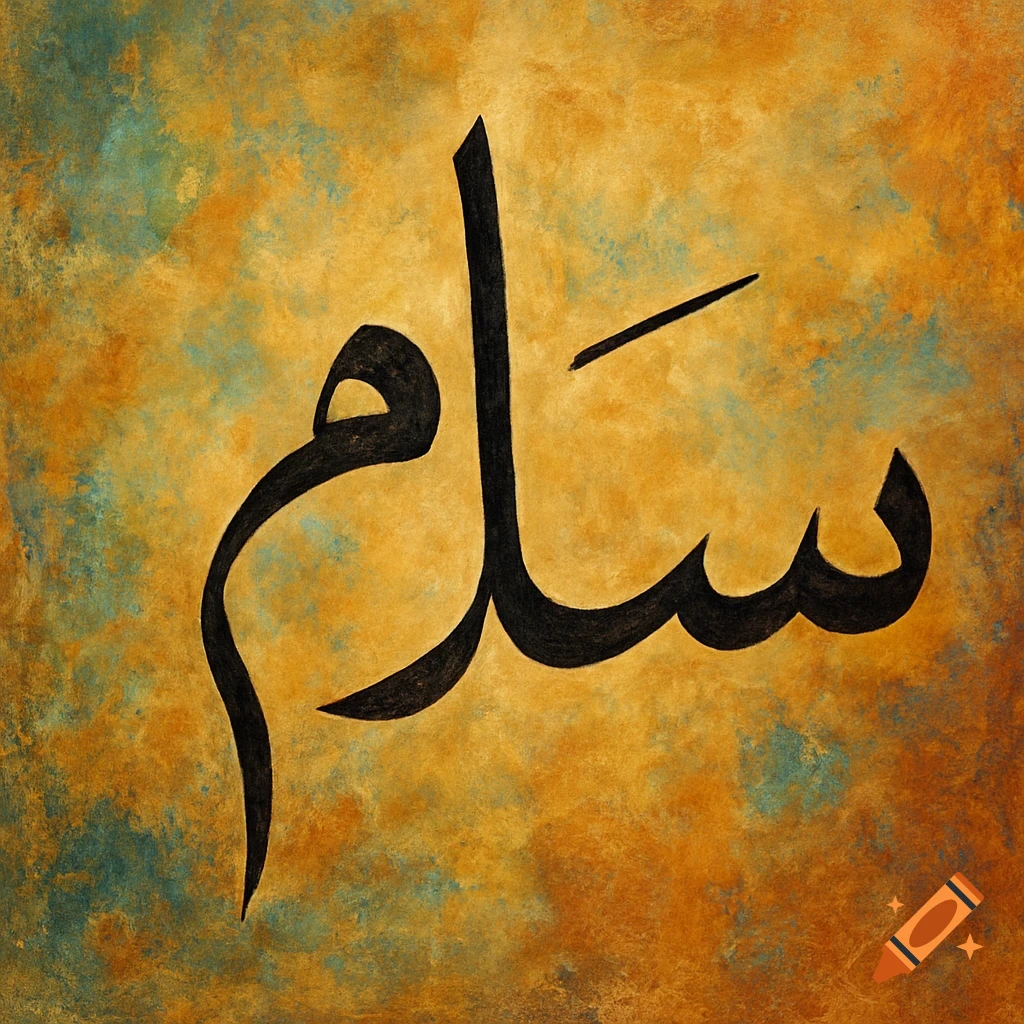 Arabic calligraphy of the word 'Salam' on a textured gold and teal ...