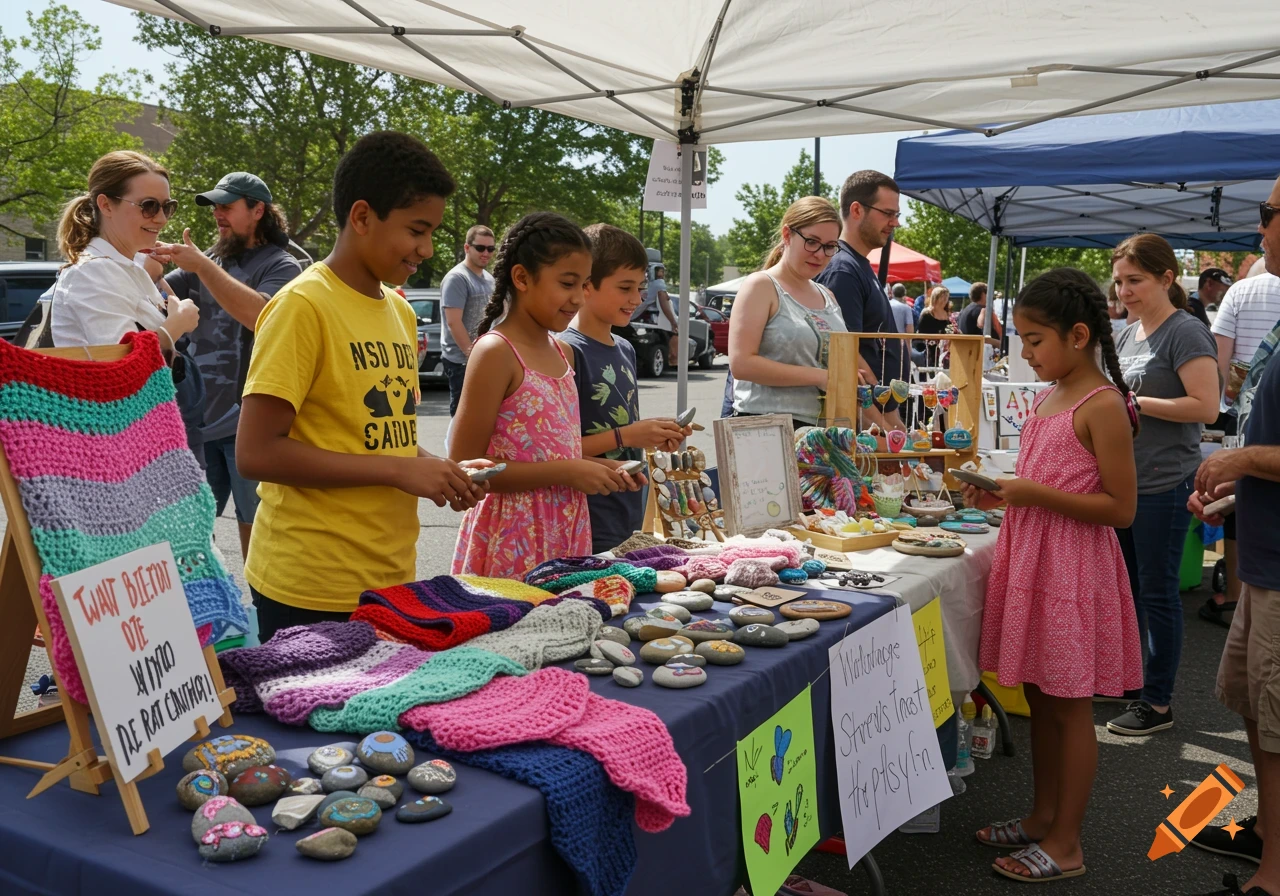 Kids sell crafts at an outdoor market on Craiyon