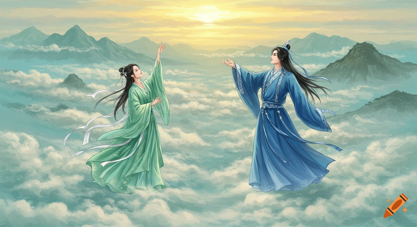 Two figures in traditional Chinese robes dance on clouds above mountains at sunset, in a Chinese ...