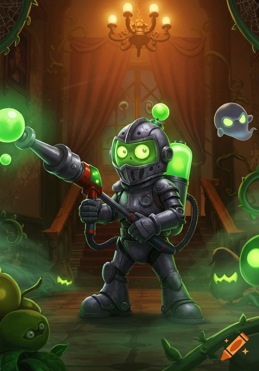 Cartoon character in armor with a ghost-catching weapon in a haunted ...