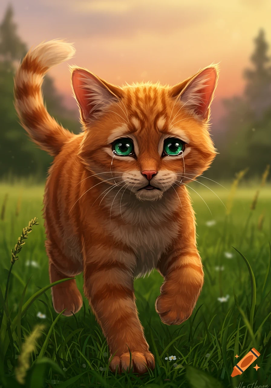 An orange tabby cat with green eyes cries while walking through a ...