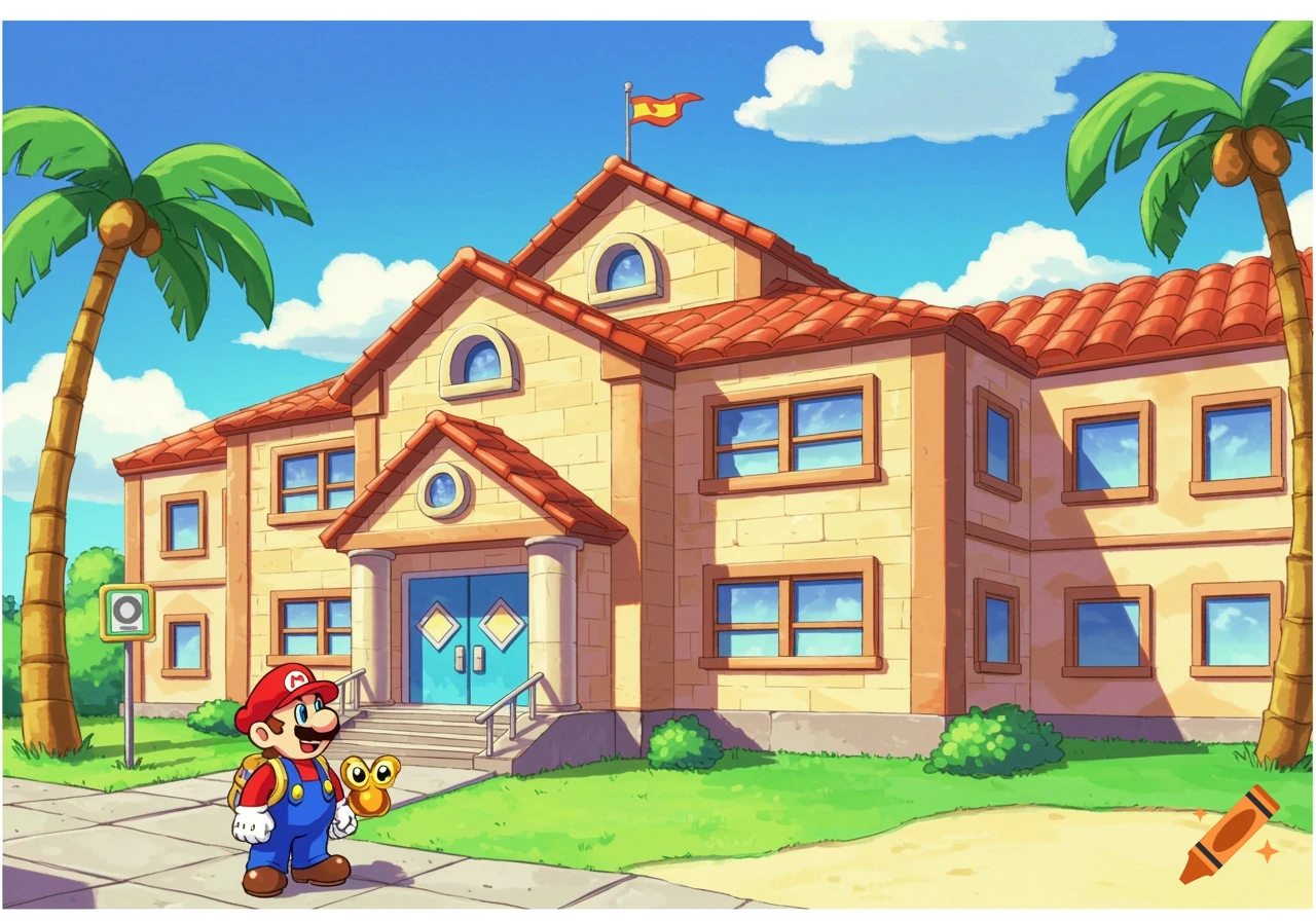 Mario with a yellow companion outside a school building under palm ...