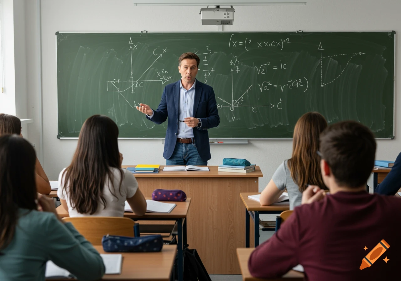 Photorealistic image of a math teacher teaching a class in a classroom ...