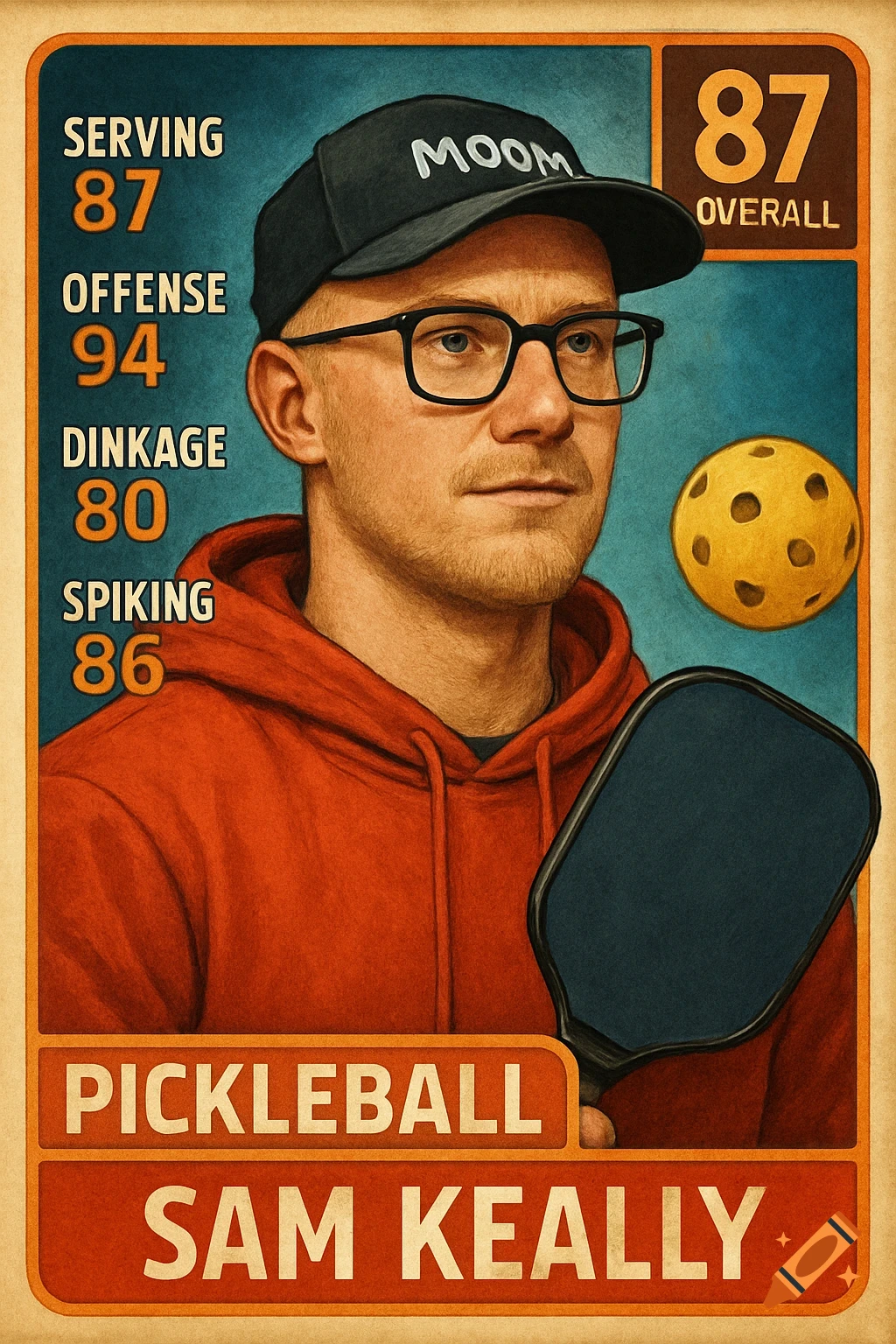 Pickleball trading card of a man, Sam Keally, with stats listed. on Craiyon