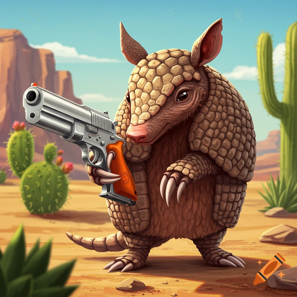 A cartoon armadillo stands in a desert landscape holding a pistol. on Craiyon