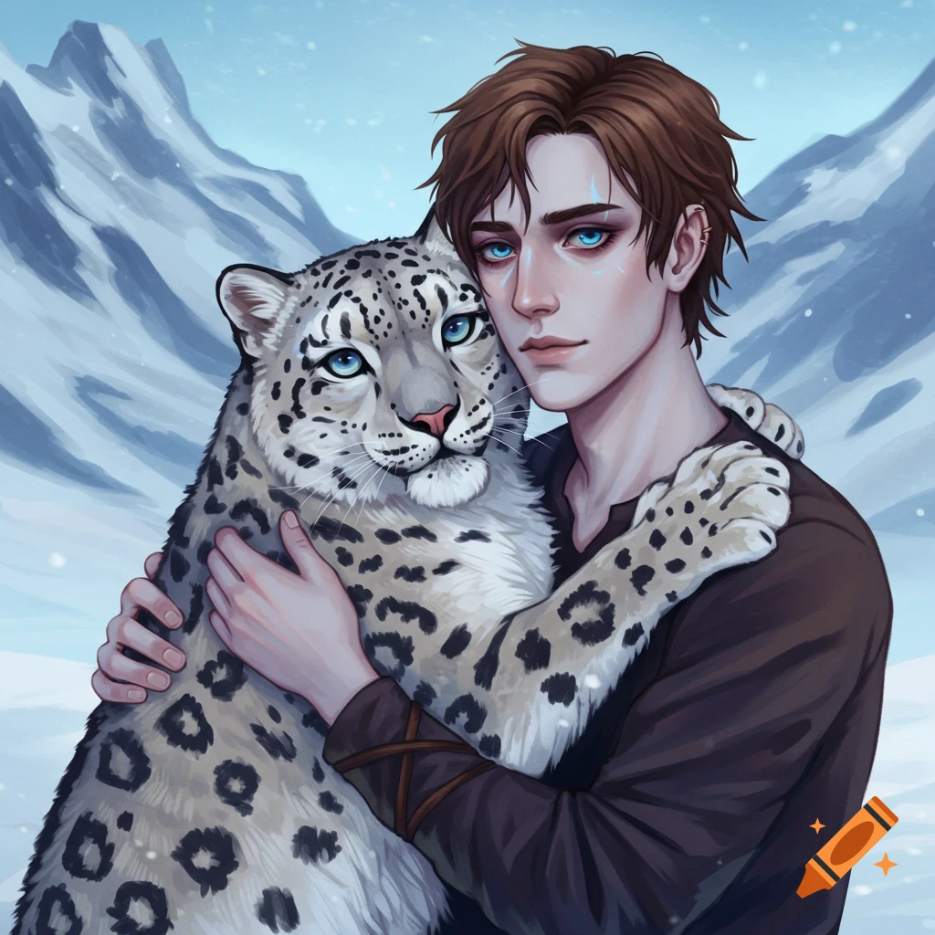 Illustration of a young man holding a snow leopard in a snowy landscape ...