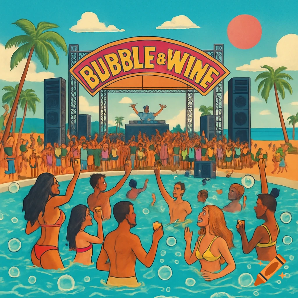 Stylized illustration of a beach pool party with a stage, DJ, and ...