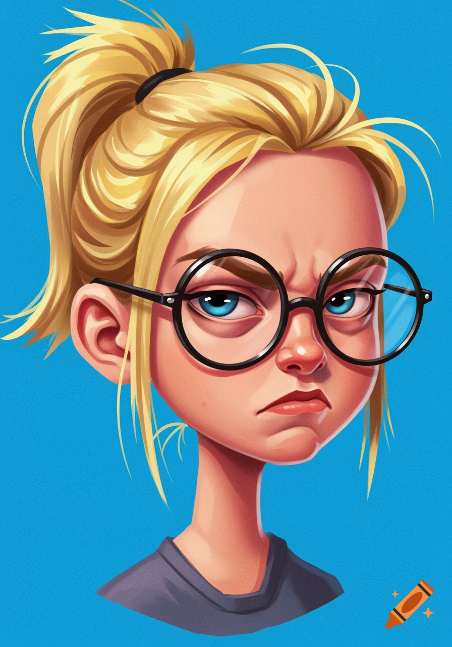 Cartoon portrait of a grumpy blonde girl with glasses on Craiyon