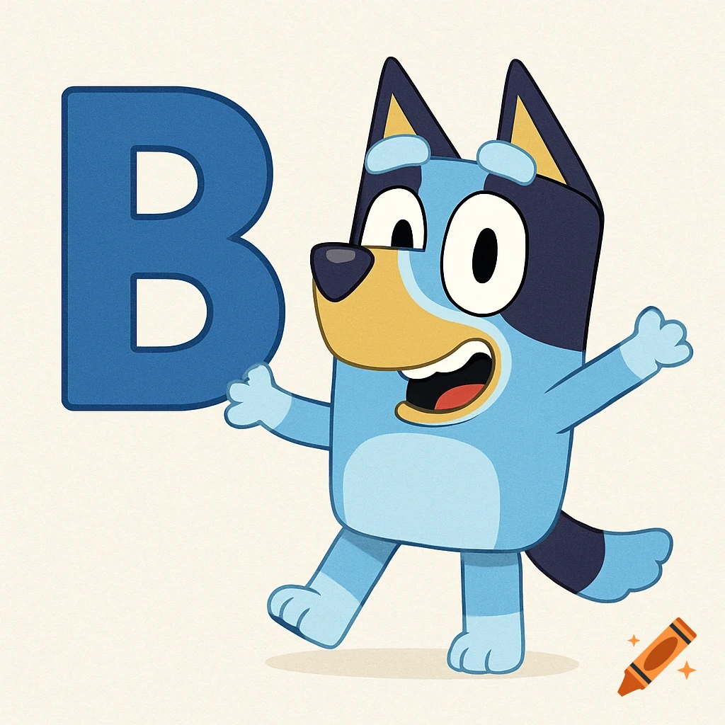 Bluey cartoon character holds a giant letter B on Craiyon