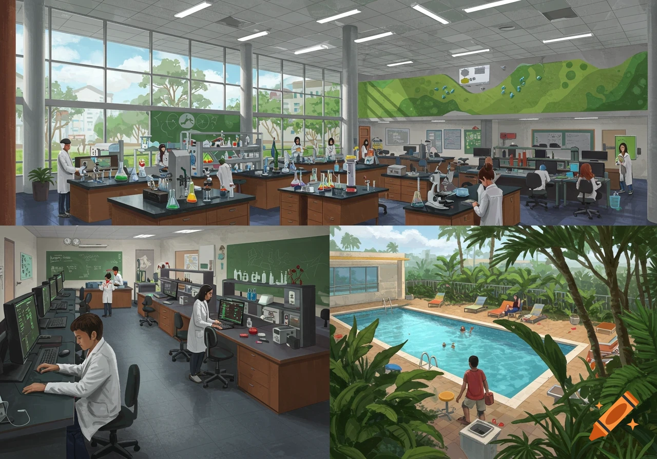 Illustration of a dream school with science labs, a computer room, and ...