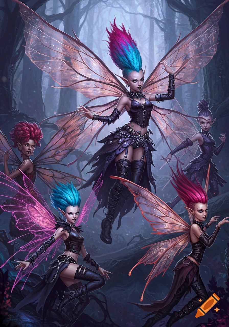 Several alternative art fairies with brightly colored hair and dark ...