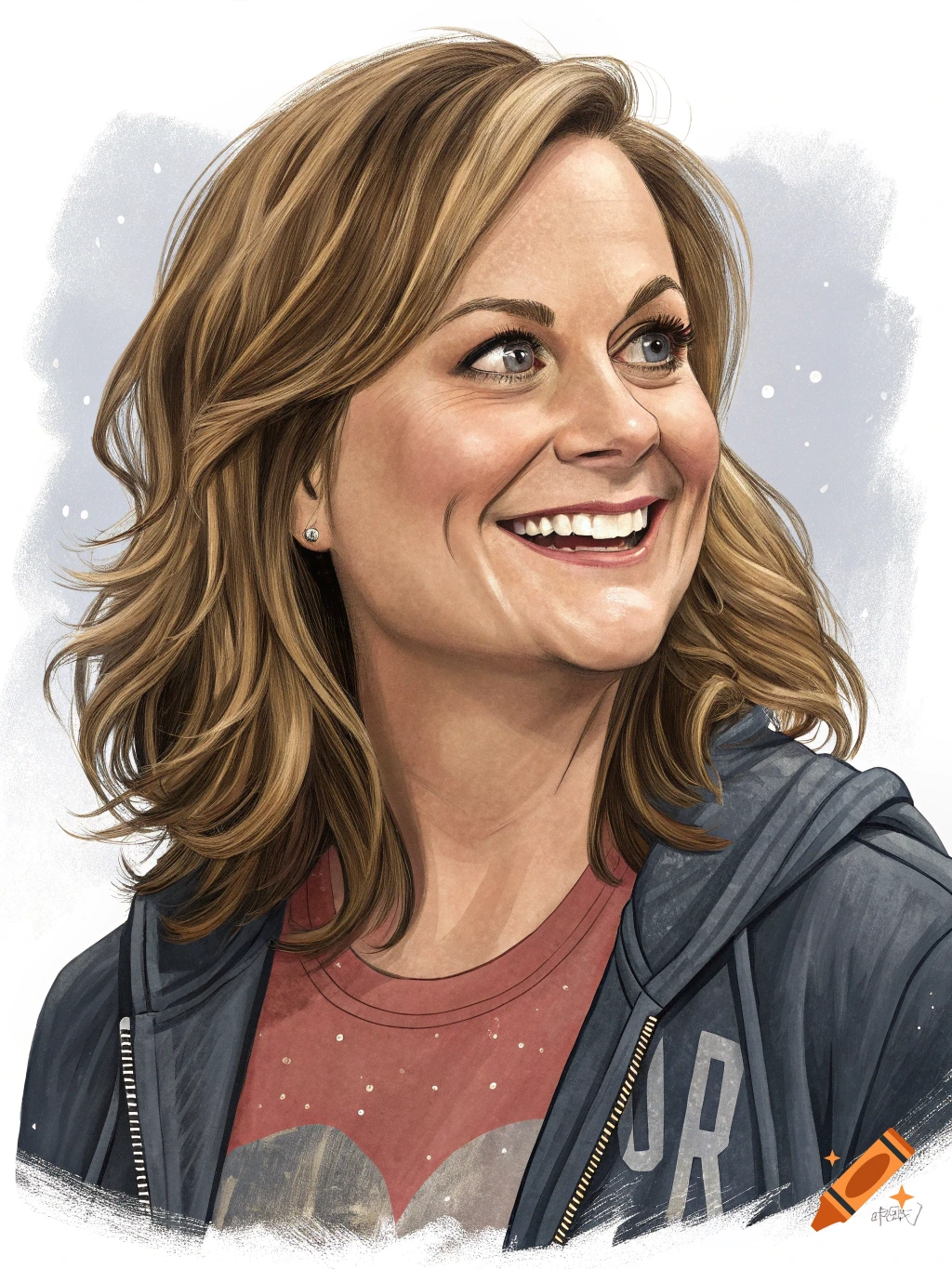 An illustrated portrait of Amy Poehler smiling and wearing a hooded ...