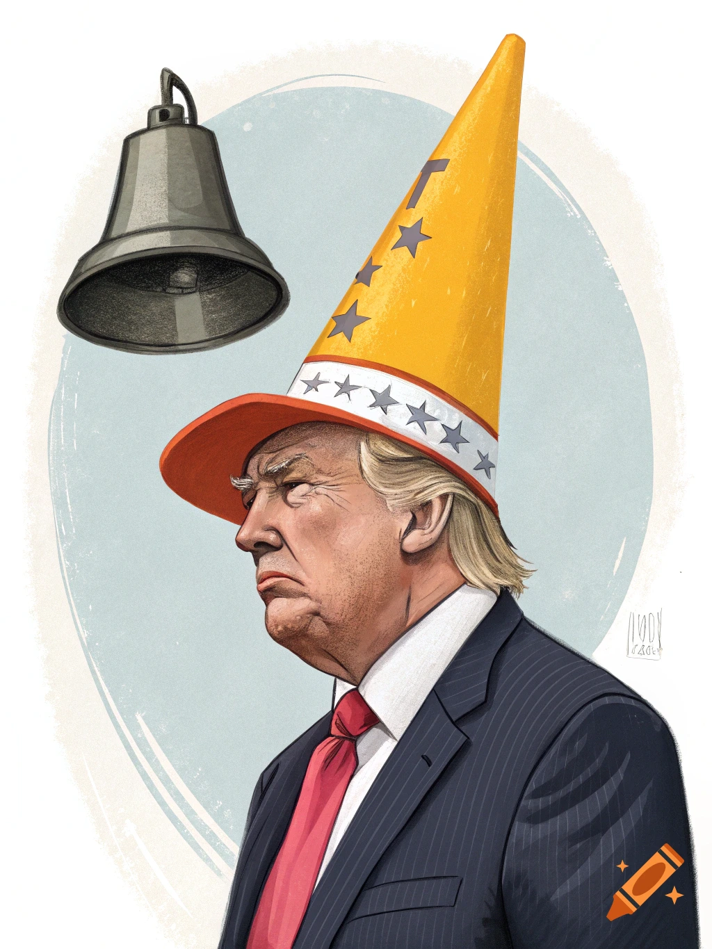 Caricature of Donald Trump wearing a large yellow dunce cap on Craiyon